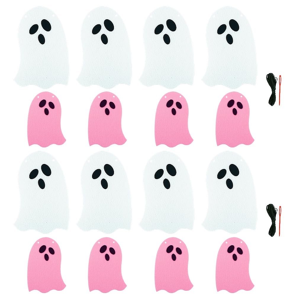 SaktopDeco 2 Pack White Pink Ghost Garland Felt Ghost Banner for Haunted House Fireplace Indoor Outdoor Halloween Party Decorations Supplies