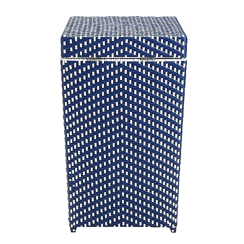 24/7 Shop at Home Locke Coastal Aluminum and All-Weather Wicker Outdoor Trash Can with Lid for Outdoor, Patio, Pool Area, Garden, Navy Blue and White