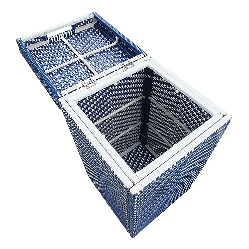 24/7 Shop at Home Locke Coastal Aluminum and All-Weather Wicker Outdoor Trash Can with Lid for Outdoor, Patio, Pool Area, Garden, Navy Blue and White