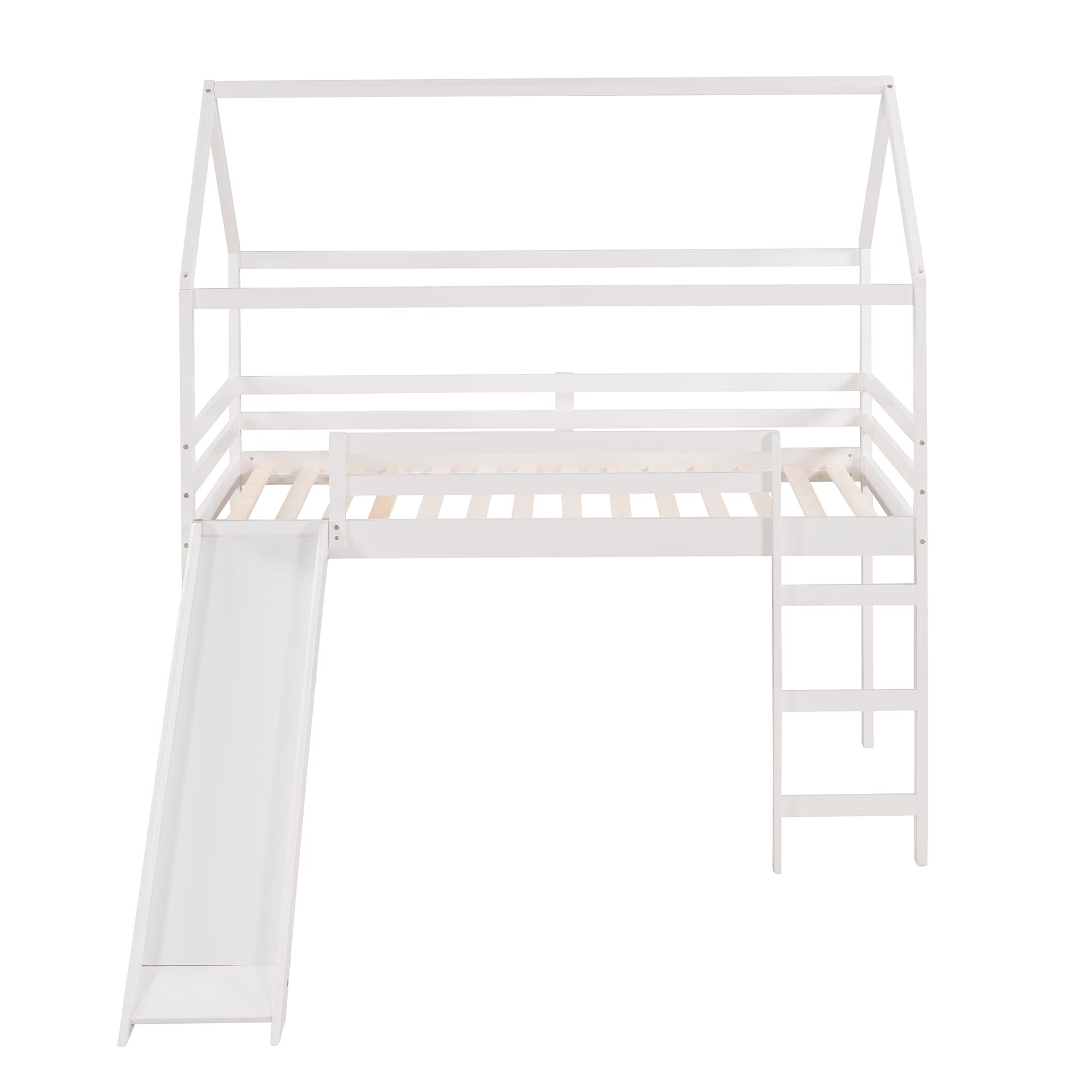 Harper & Bright Designs Twin Size Loft Bed with Slide, House Loft Bed with Slide, Solid Wood Bed Frame for Kids Girls & Boys, White