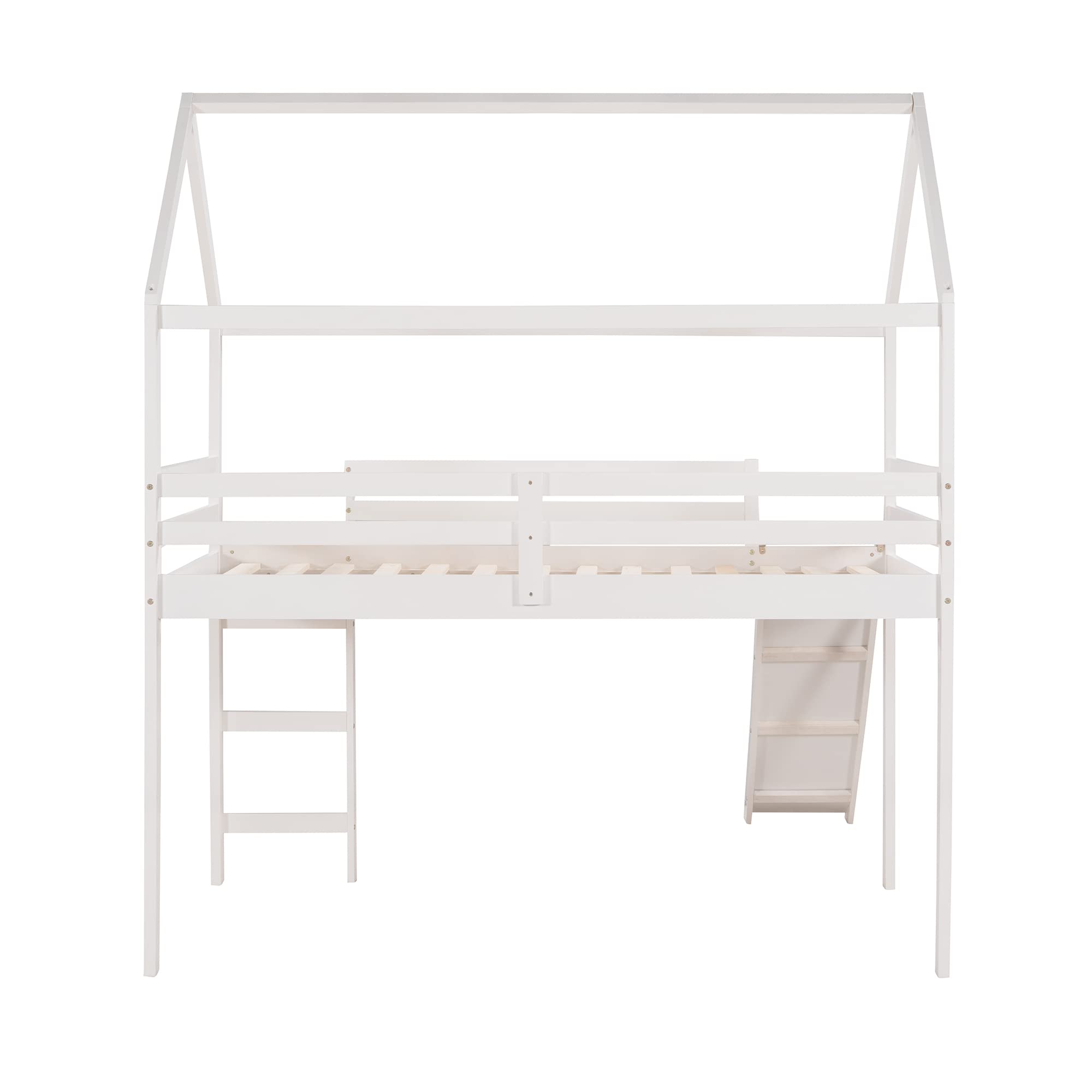 Harper & Bright Designs Twin Size Loft Bed with Slide, House Loft Bed with Slide, Solid Wood Bed Frame for Kids Girls & Boys, White