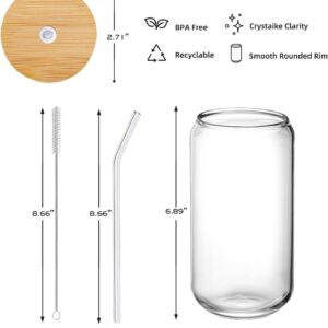 DAMCONME Glass Cups with Lids and Straws 1Pack,Glass Coffee Cups,Glass Cup with Lid for Iced Coffee,Smoothie,Cocktail,Beer,Whiskey,Soda,Matcha,16 Oz Glass Cup with Bamboo Lid,1 Brush