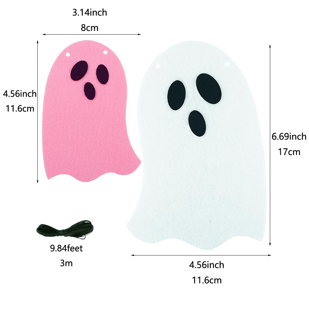 SaktopDeco 2 Pack White Pink Ghost Garland Felt Ghost Banner for Haunted House Fireplace Indoor Outdoor Halloween Party Decorations Supplies