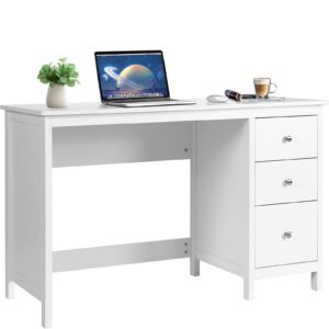 powerstone computer desk with 3 drawers, 48" modern home office desk study writing table computer workstation (white)