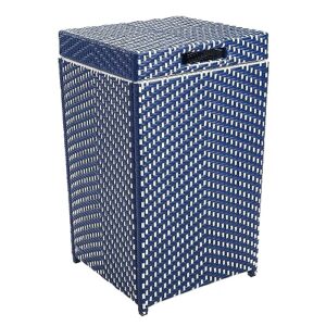 24/7 shop at home locke coastal aluminum and all-weather wicker outdoor trash can with lid for outdoor, patio, pool area, garden, navy blue and white