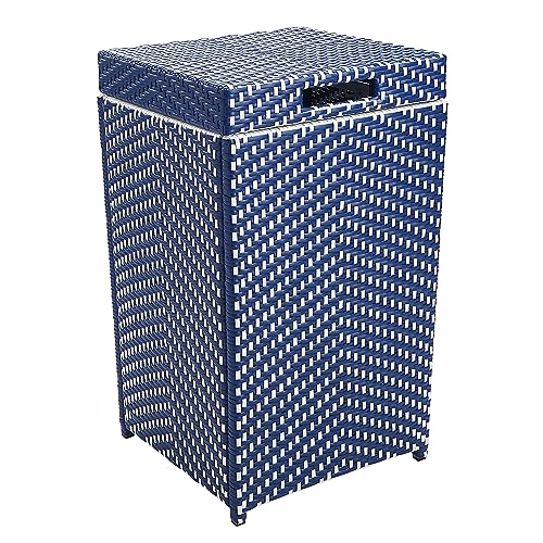 24/7 Shop at Home Locke Coastal Aluminum and All-Weather Wicker Outdoor Trash Can with Lid for Outdoor, Patio, Pool Area, Garden, Navy Blue and White