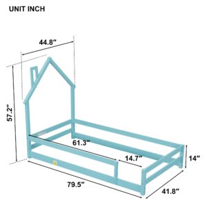 Floor Bed with Rails, Twin Size Montessori Bed with House Shape Headboard and Fence, Wood Floor Bed Frame for Kids Boys Girls, Box Spring Needed, Blue