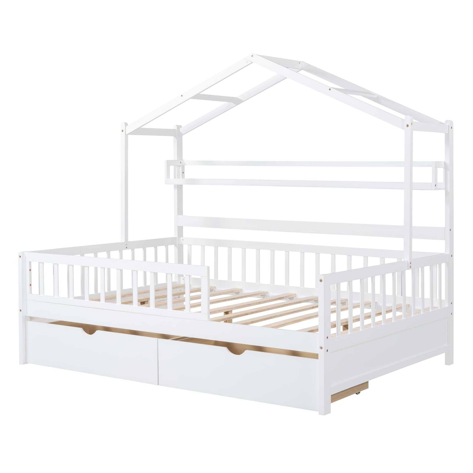 DEINPPA Full House Bed with Drawers, Kids Bed with Shelf and Fence Guardrails, Wood Bed Frame with Decorative Roof Designs, No Box Spring Needed, for Boys Girls Toddler Kids-White