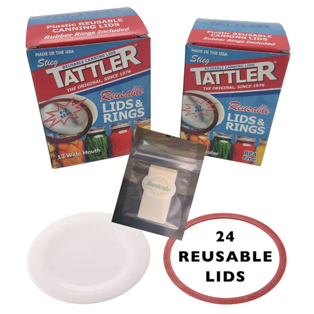 Reusable Canning Lids Bundle Includes 12 Wide and 12 Regular Mouth Tattler Lids and Rings and 24 Dissolvable Sunivale Jar Labels For Use With Hot Water Bath and Pressure Canning Methods Made in USA