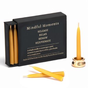 mindful meditation candle set with mini taper candles - prayer candles with taper candle holder, relaxation gifts for women stress, serenity prayer gifts - 12 beeswax mini yellow candles with holder