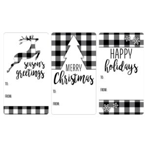 black and white plaid christmas gift tags, 75 gift wrap tags, buffalo plaid wrapping paper supplies, peel and stick christmas gift tags