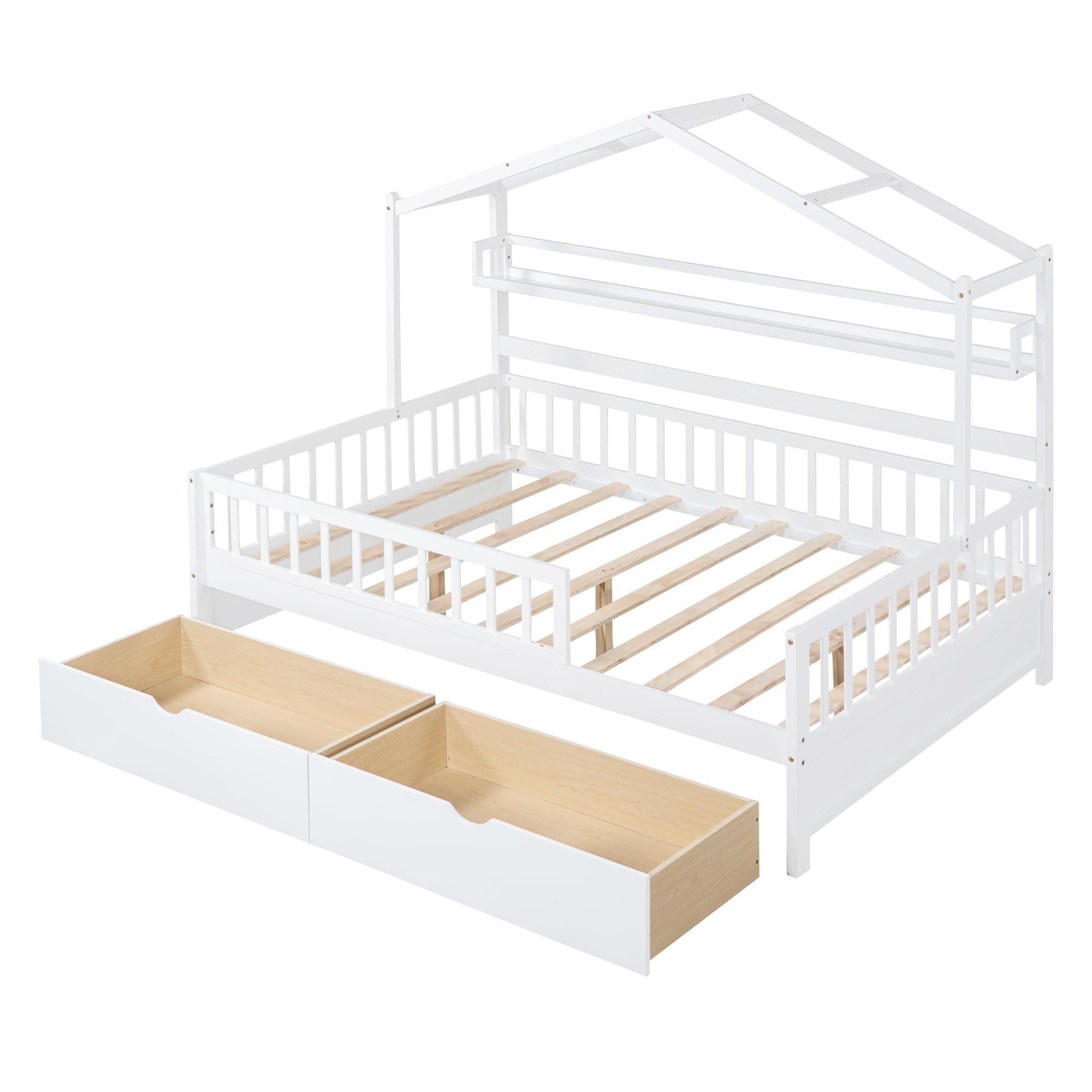 DEINPPA Full House Bed with Drawers, Kids Bed with Shelf and Fence Guardrails, Wood Bed Frame with Decorative Roof Designs, No Box Spring Needed, for Boys Girls Toddler Kids-White