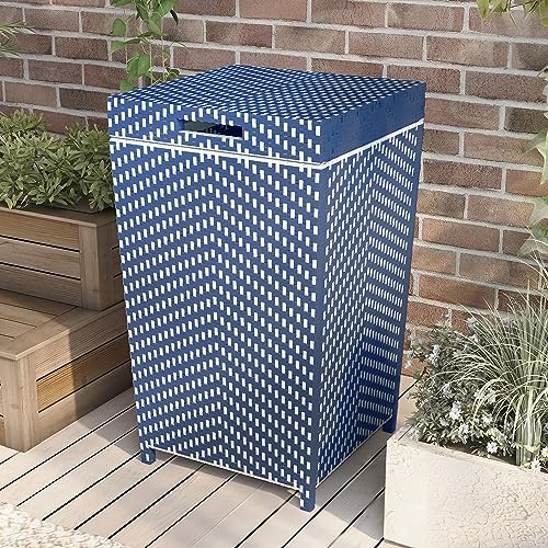 24/7 Shop at Home Locke Coastal Aluminum and All-Weather Wicker Outdoor Trash Can with Lid for Outdoor, Patio, Pool Area, Garden, Navy Blue and White