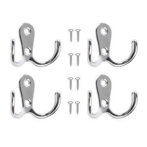 lansonee 4 pcs double prong robe hooks, dual coat hooks wall mounted hanging clothes for bathroom bedroom door wall retro metal cloth hanger double coat hooks with 8 screws (sliver)