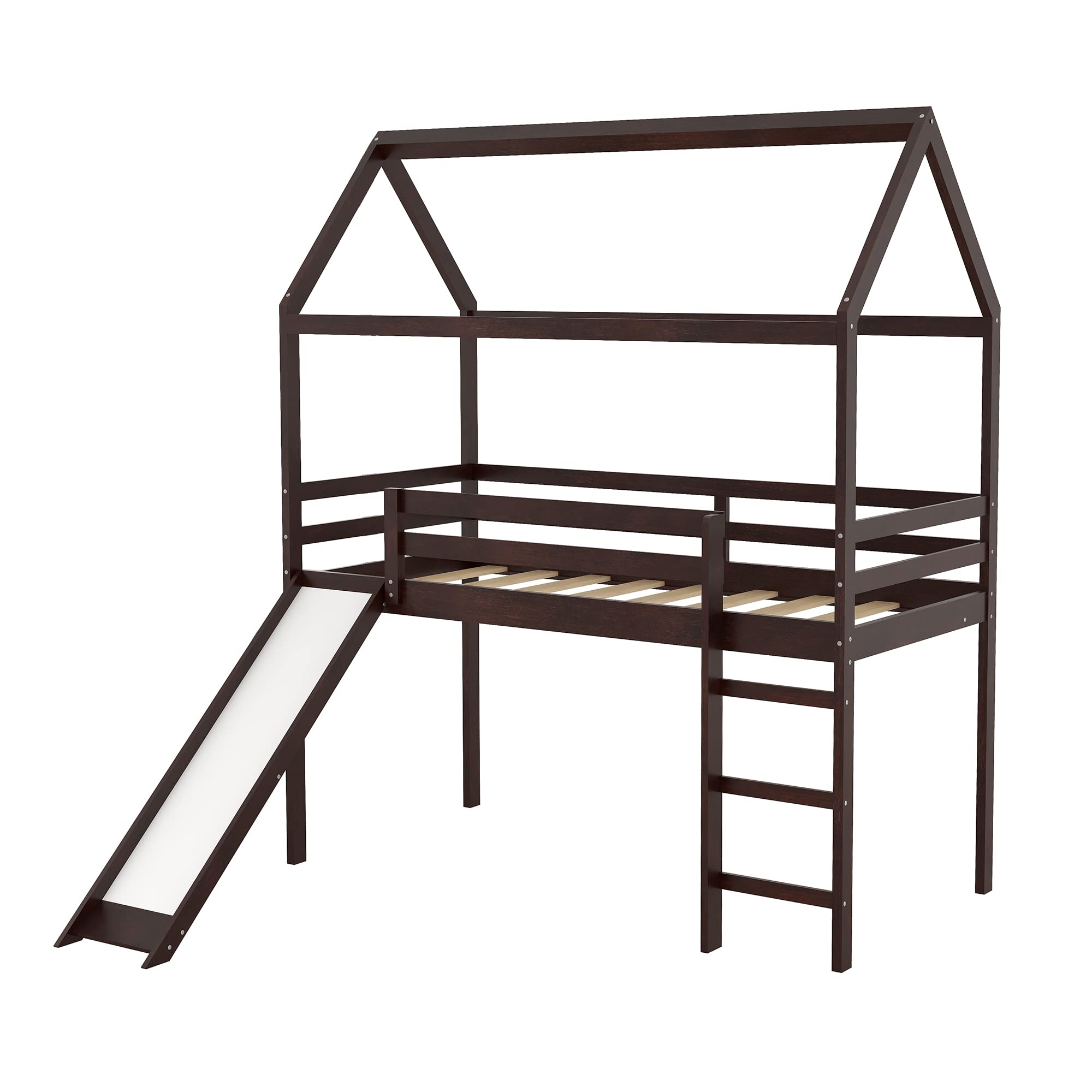 Harper & Bright Designs Twin Size Loft Bed with Slide, House Loft Bed with Slide, Solid Wood Bed Frame for Kids Girls & Boys, Espresso