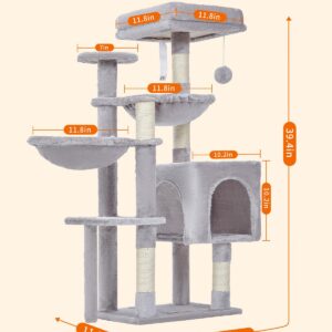 Taoqimiao Cat Tree, 39.4-Inch Cat Tower for Indoor Cats,Suitable for Kittens,Plush Cat Condo with 5 Scratching Posts, Plush Perch,2 Hammock,Pompoms, MS019W Light Gray