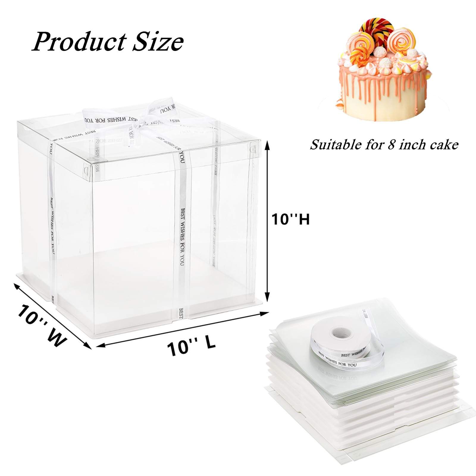 Cididu 6 Pcs Clear Cake Box with Ribbon 2-Layer 10x10x10 Inch, Transparent Cake Carrier Box with Lids, PET Tall Cake Packaging Boxes, Clear Gift Boxes for Birthday, Wedding and Festival Party