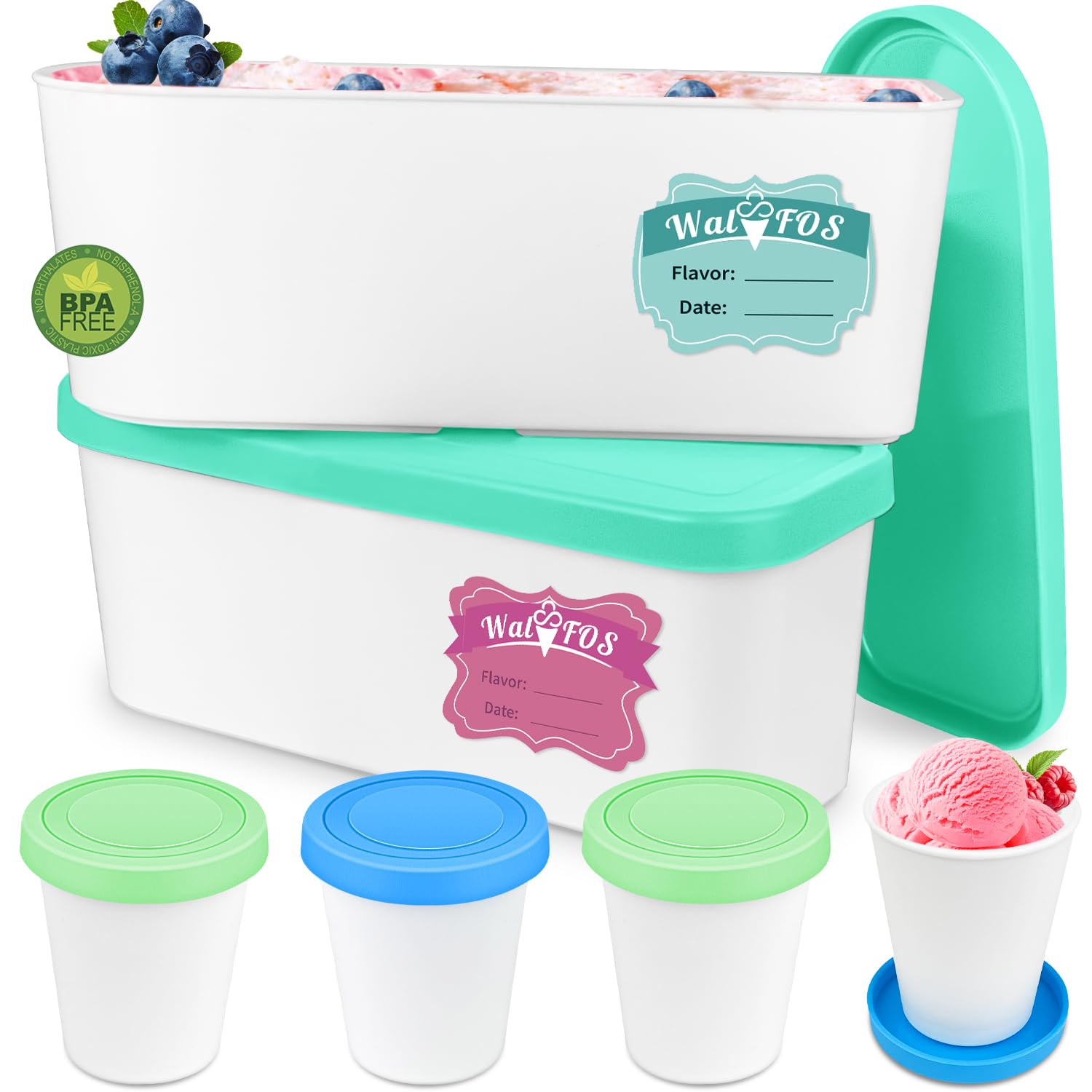 Walfos Ice Cream Containers for Homemade Ice Cream - 1.6 Quart & 8 oz. Set, Bonus Sealing Bands Keeping Silicone Lids Airtight, Reusable Ice Cream Tubs, Stackable Freezer Storage Container - Green