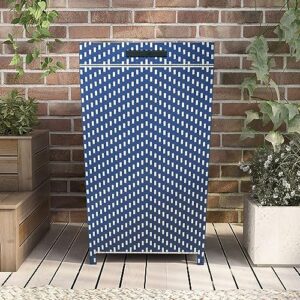 24/7 Shop at Home Locke Coastal Aluminum and All-Weather Wicker Outdoor Trash Can with Lid for Outdoor, Patio, Pool Area, Garden, Navy Blue and White