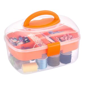 btsky 2 tier multipurpose oval storage box with 2 trays clear plastic storage container case craft organizers and storage portable sewing box office supply organizer, 11" lx8.3 wx6.7 h, orange