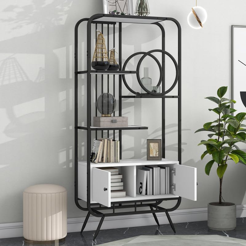 Tejomi Modern Tall Bookshelf, 70.9" Industrial Bookcase with Storage Cabinet and Open Shelves, Free Standing Storage Rack Display Rack for Office, Living Room, Hallway - White