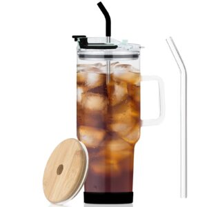 aiheart glass tumbler with lid and straws,40oz large capacity glass cup with handle,drinking glasses with silicone coaster,glass water cup,smoothie cup,beer cup,ice coffee cup,fits in cup holder