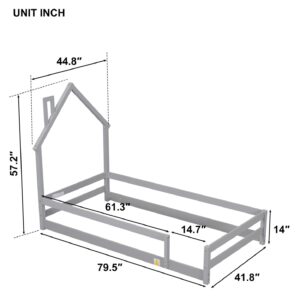 Twin Size Floor Bed Wooden Montessori Floor Bed with House-Shaped Headboard and Fence Guardrails Twin Bed Frame for Girls and Boys, No Weight Limit, Gray