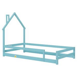 Floor Bed with Rails, Twin Size Montessori Bed with House Shape Headboard and Fence, Wood Floor Bed Frame for Kids Boys Girls, Box Spring Needed, Blue