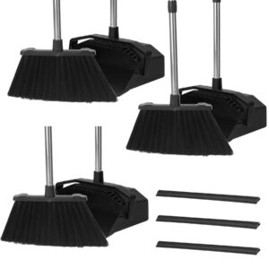 tiumso broom with dustpan combo set 3-pack, brooms and dustpans sets with long handle, industrial broom and dust pan for kitchen shop warehouse lobby patio deck garage - black