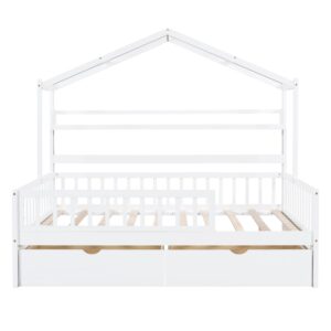 DEINPPA Full House Bed with Drawers, Kids Bed with Shelf and Fence Guardrails, Wood Bed Frame with Decorative Roof Designs, No Box Spring Needed, for Boys Girls Toddler Kids-White