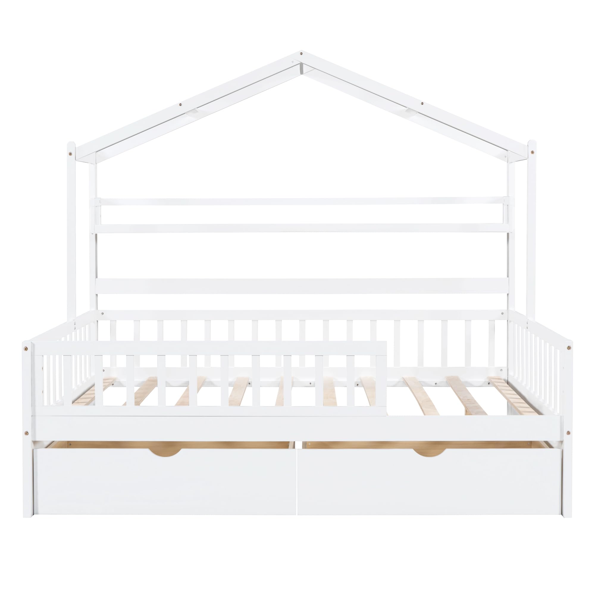 DEINPPA Full House Bed with Drawers, Kids Bed with Shelf and Fence Guardrails, Wood Bed Frame with Decorative Roof Designs, No Box Spring Needed, for Boys Girls Toddler Kids-White