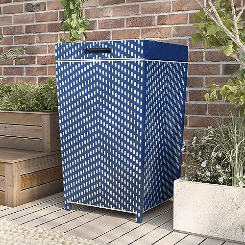 24/7 Shop at Home Locke Coastal Aluminum and All-Weather Wicker Outdoor Trash Can with Lid for Outdoor, Patio, Pool Area, Garden, Navy Blue and White