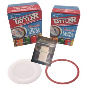 reusable canning lids bundle includes 12 wide and 12 regular mouth tattler lids and rings and 24 dissolvable sunivale jar labels for use with hot water bath and pressure canning methods made in usa