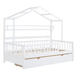 DEINPPA Full House Bed with Drawers, Kids Bed with Shelf and Fence Guardrails, Wood Bed Frame with Decorative Roof Designs, No Box Spring Needed, for Boys Girls Toddler Kids-White