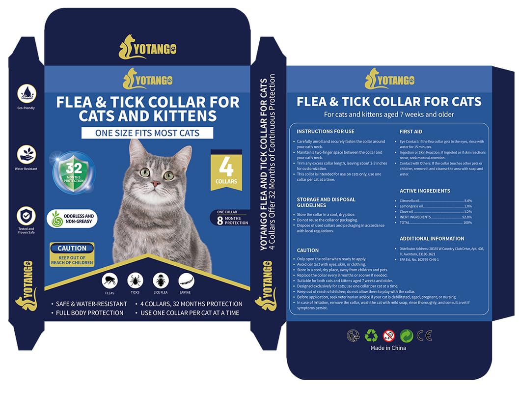 4 Pack Flea Collar for Cats, 32 Months Flea and Tick Prevention for Cats, Waterproof Cat Flea Collar, Natural Cat Flea and Tick Treatment, Adjustable Flea and Tick Collar for Cats Kittens(4 Colors)