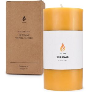 aglary 3"x 6" large beeswax pillar candle, made of pure natural beeswax, with ultra long burning time and low allergenicity-raw，82h