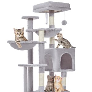 Taoqimiao Cat Tree, 39.4-Inch Cat Tower for Indoor Cats,Suitable for Kittens,Plush Cat Condo with 5 Scratching Posts, Plush Perch,2 Hammock,Pompoms, MS019W Light Gray