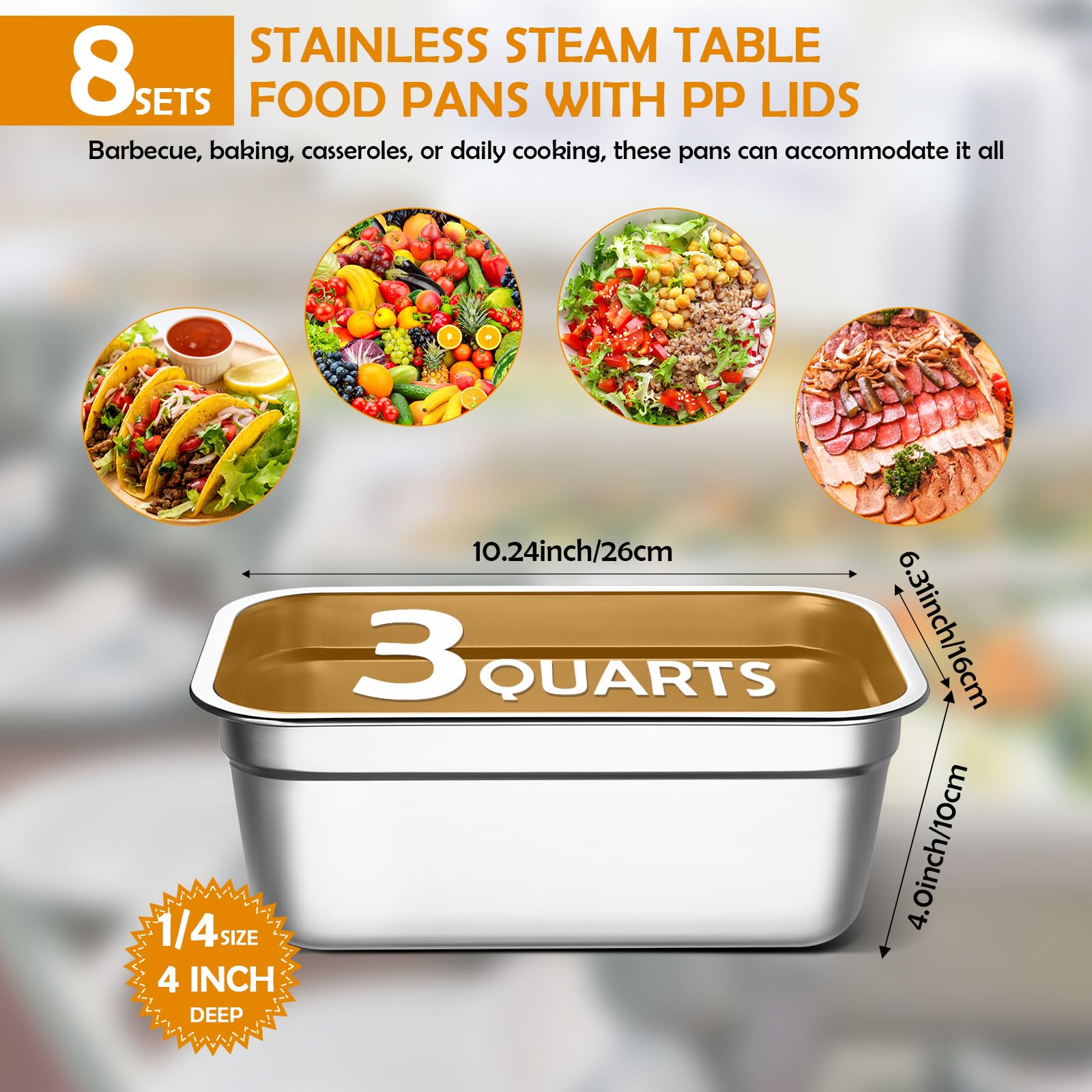 Suttmin 8 Pcs Hotel Pan with PP Plastic Lid Steam Table Pan Stainless Steel Restaurant Pans 1/4 Size Catering Pans Food Prep Pan Restaurant Anti Clogging Steamer for Buffet Hotel(4 Inch Deep)