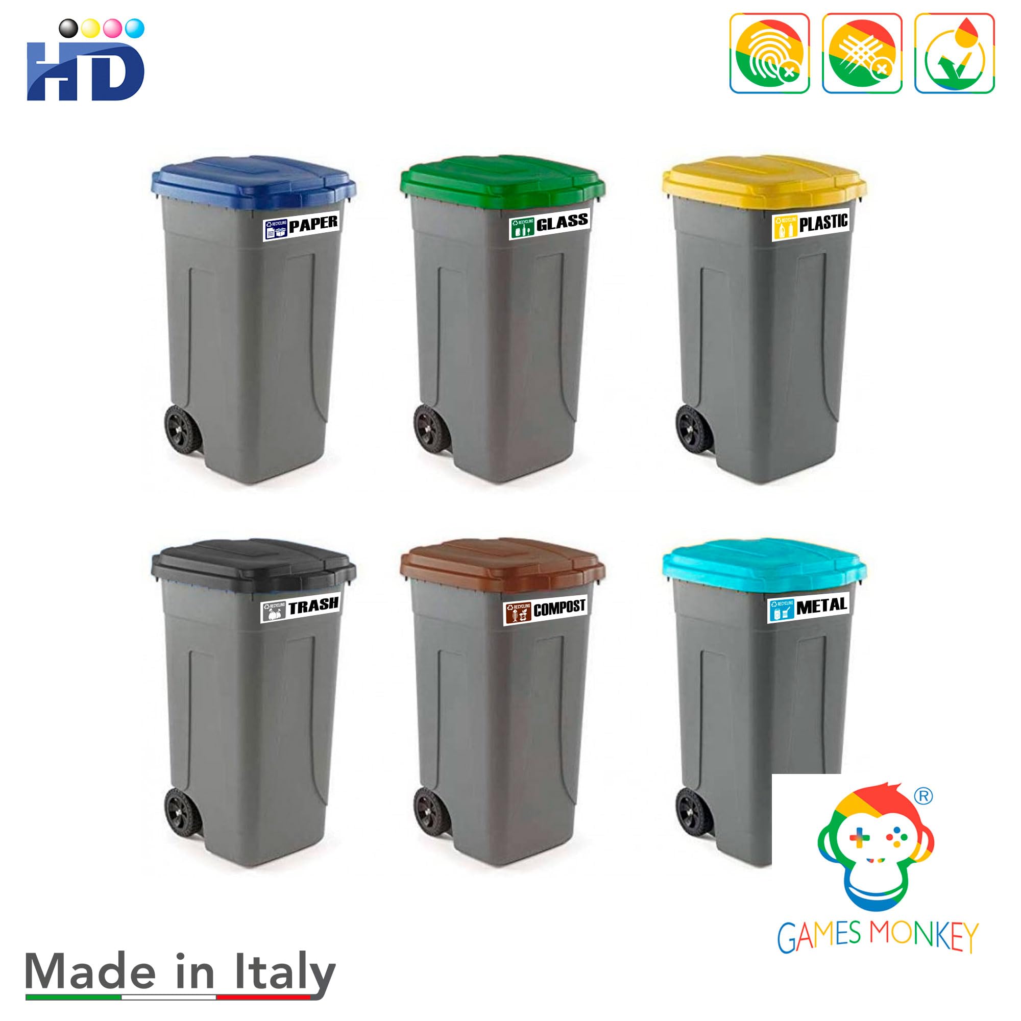 GamesMonkey® - Stickers Recycle for Trash Waste Bins Garbage Plastic Cans Compost Glass Metal Paper - Pack of 6 Adhesive - Vinyl Waterproof Washable Illustrated (7,8 in x 2,3 in - 20 cm x 6 cm, V1)