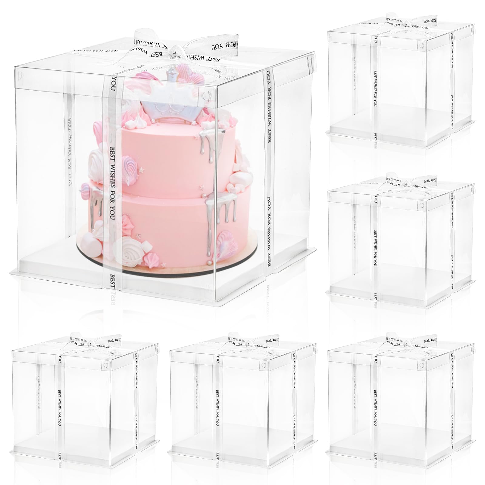 Cididu 6 Pcs Clear Cake Box with Ribbon 2-Layer 10x10x10 Inch, Transparent Cake Carrier Box with Lids, PET Tall Cake Packaging Boxes, Clear Gift Boxes for Birthday, Wedding and Festival Party