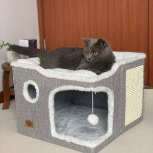 heerduos cat bed for indoor cats,covered cat cave house & furniture with scratch pad,foldable cat hideaway hut cute cat condo with soft washable mat for multi small pet under 30 lbs,light grey