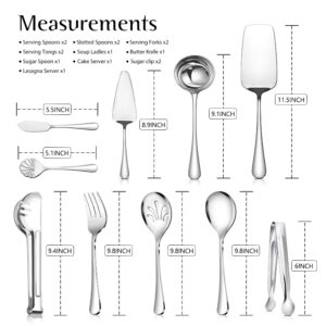 Teivio 15PCS Stainless Steel Large Serving Utensils - Serving Spoons/Forks/Tongs,Slotted Spoons,Soup Ladles,Butter Knife,Sugar Spoon,Cake Server,Lasagna Server(Spatula),for Buffet/Chafing Dish,Silver