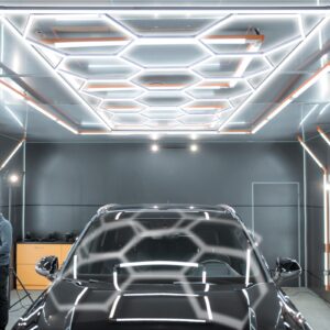 Baquler 15 Hexagon LED Garage Light System Honeycomb LED Shop Lights with White Border for Garage Workshop Car Detailing Shop Exhibition Hall, 680 W 81600 LM, 15.88 x 7.98 ft Ceiling Decor(1 Set)