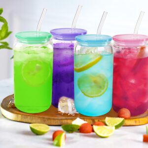 Joyclub 4 Pack Acrylic Lids for 16 oz /20 oz Glass Cups with Bamboo Lids and Straws Reusable Iced Coffee Cup Beer Can Drinking Glasses for Smoothie Whiskey Boba Soda Tea Gift (Candy Color)