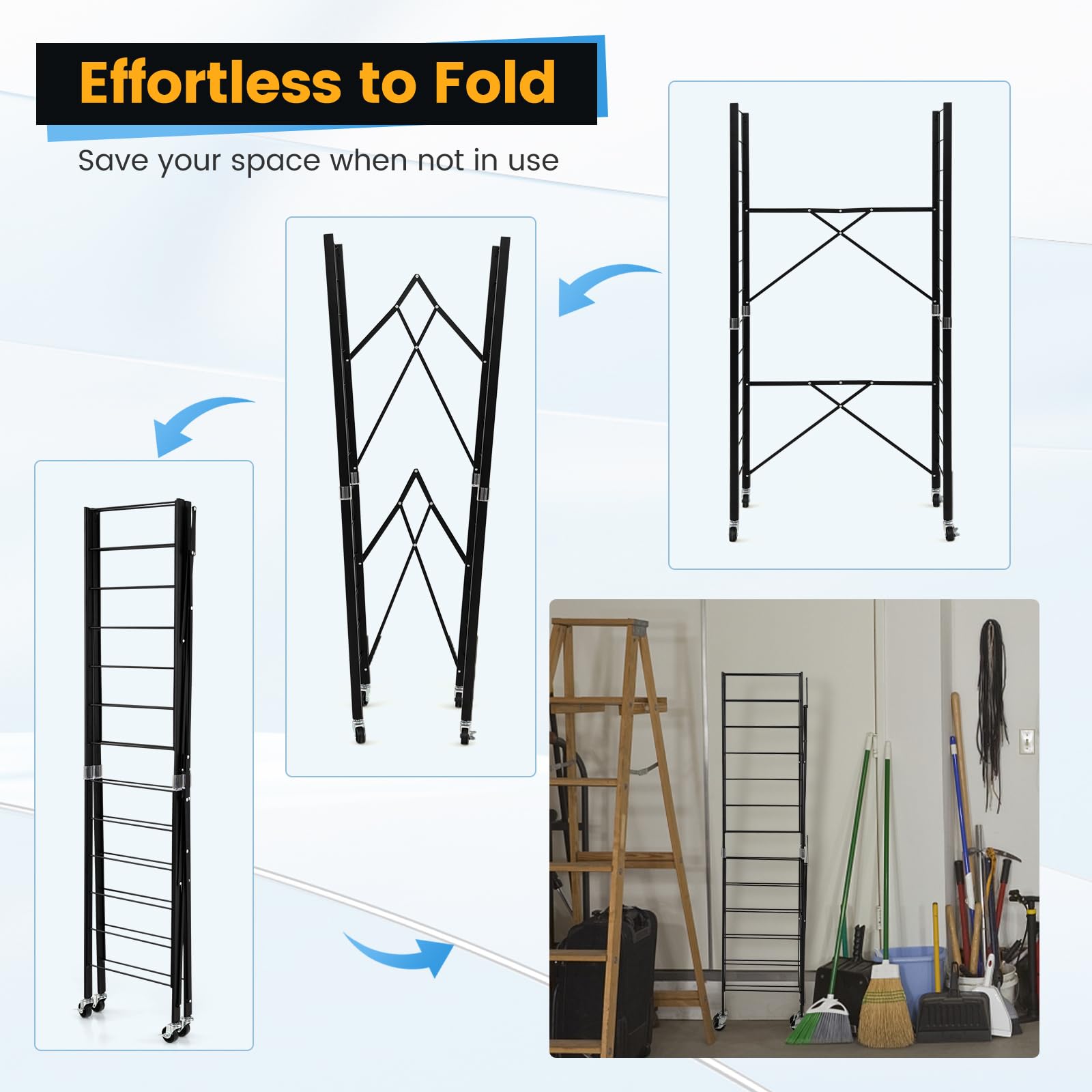 LOKO 5-Tier Folding Storage Shelves with Wheels, 60” Tall Adjustable Metal Shelving Unit, Collapsible Organizer Rack, Freestanding Open Display Shelving Rack for Garage, Kitchen, Easy Assembly (1)