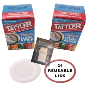 Reusable Canning Lids Bundle Includes 24 Regular Mouth Tattler Lids and Rings and 24 Dissolvable Sunivale Jar Labels For Use With Hot Water Bath, Vacuum Sealer and Pressure Canning Methods Made in USA