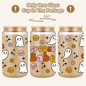 Fairy's Gift Halloween Spooky Cup, Cute Ghost Glass Cup with Lid and Straw, Spooky Babe & Ghost Skulls Halloween Cup, Spooky Ice Coffee Cup - Halloween Gifts, Spooky Gifts for Women, Teens, Her