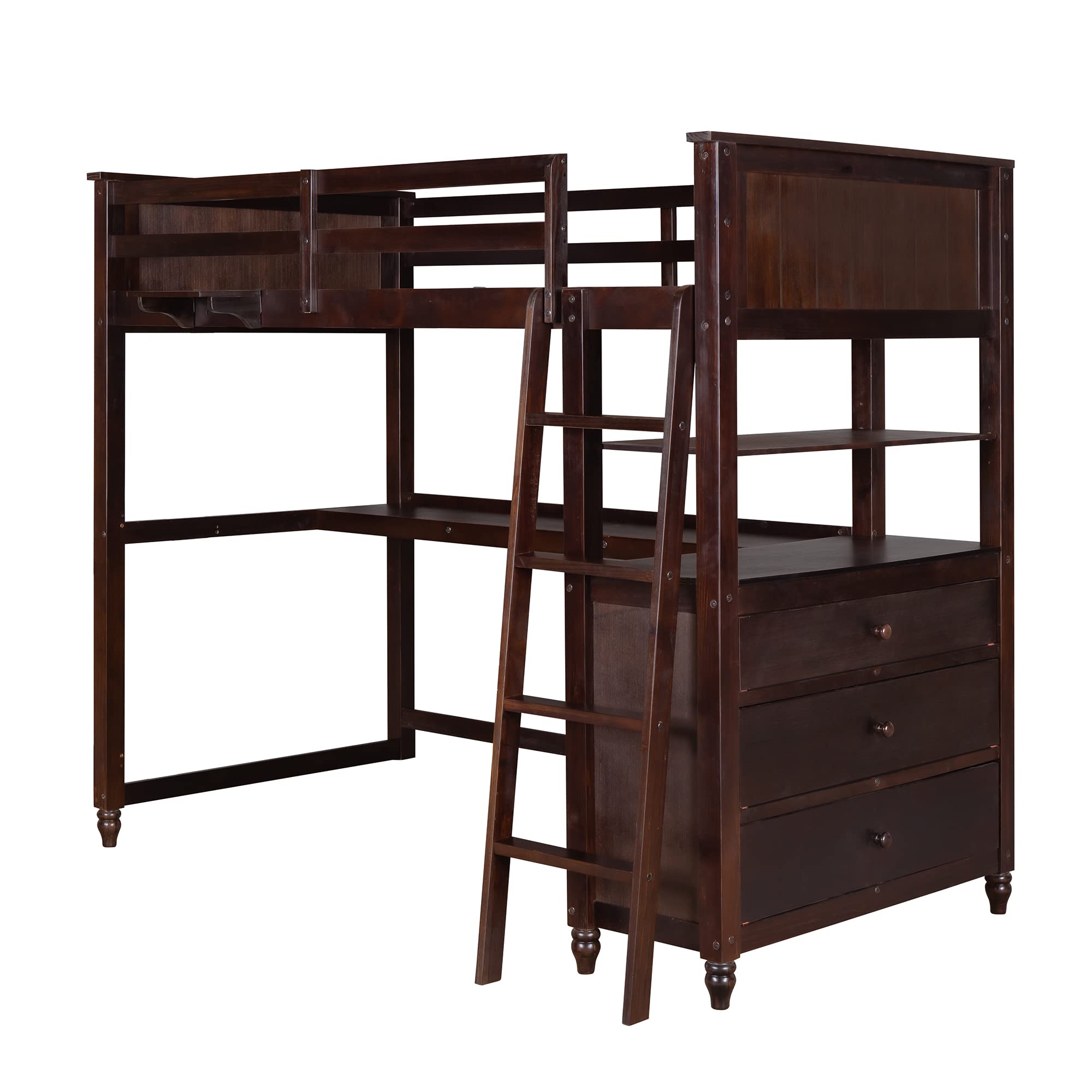 Bellemave Twin Loft Bed with Desk and Storage Drawers, Wood Loft Bed Frame with Dresser and Ladder for Kids Adults Boys Girls Teens, Espresso