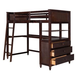 Bellemave Twin Loft Bed with Desk and Storage Drawers, Wood Loft Bed Frame with Dresser and Ladder for Kids Adults Boys Girls Teens, Espresso