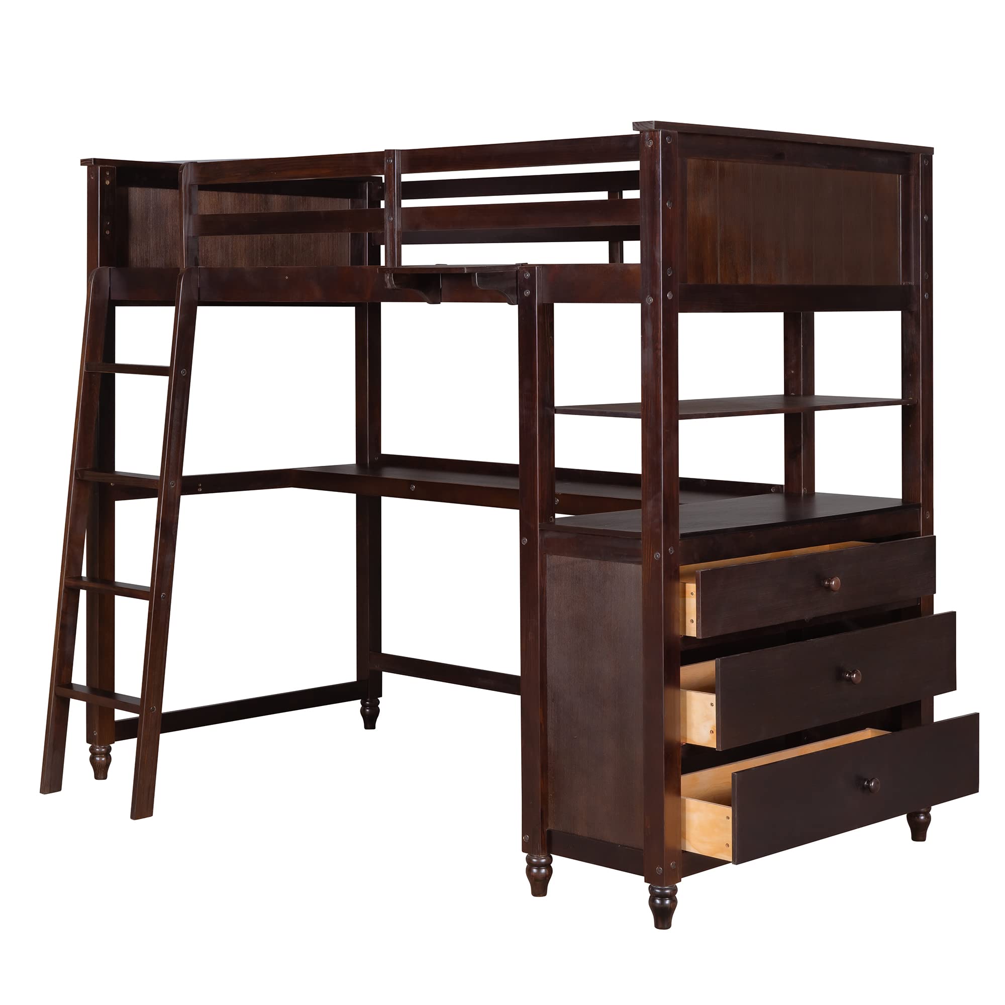 Bellemave Twin Loft Bed with Desk and Storage Drawers, Wood Loft Bed Frame with Dresser and Ladder for Kids Adults Boys Girls Teens, Espresso